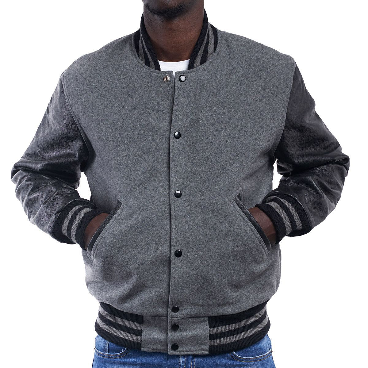 Mens Grey Varsity Jacket – Leather Sleeves, Wool Body, College Bomber ...
